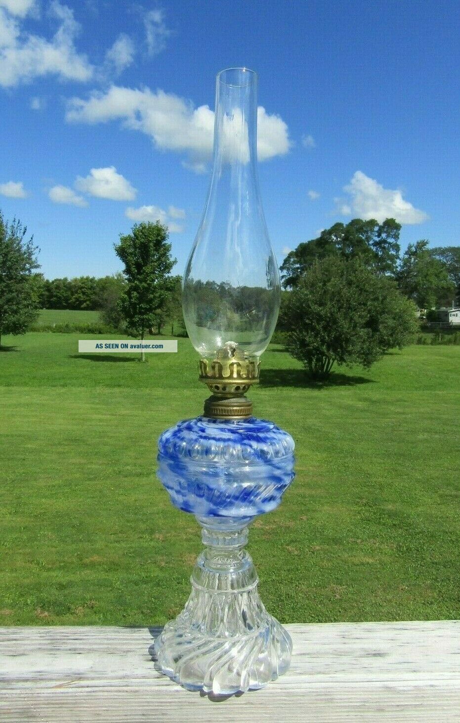 Antique American Blue Spatter Glass Kerosene Oil Stand Lamp | #2779565