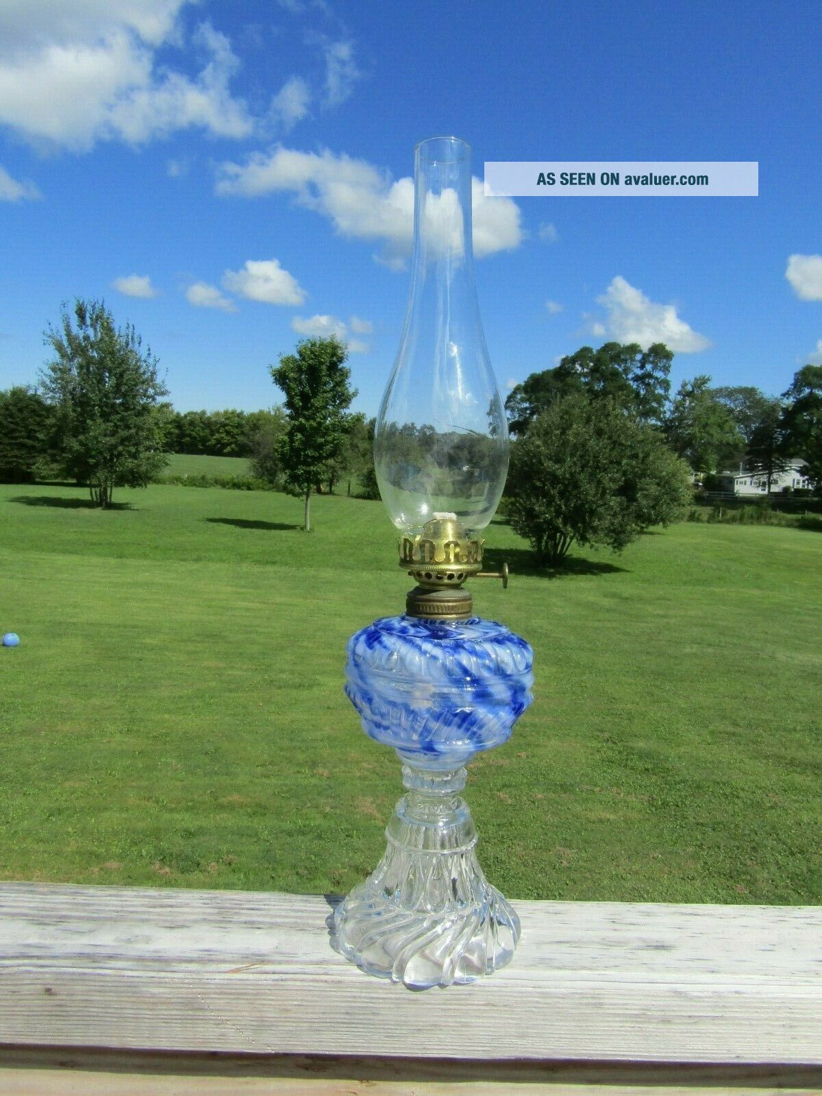 Antique American Blue Spatter Glass Kerosene Oil Stand Lamp | #2779565