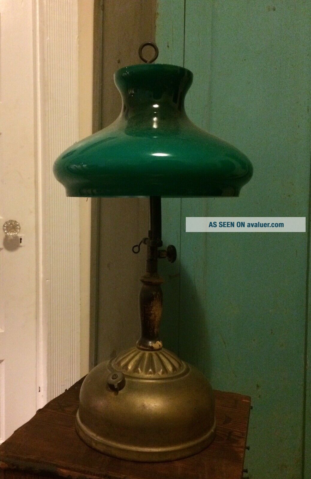 Antique Coleman INSTANT - LITE Gas Table Lamp Brass Green Glass Shade ...