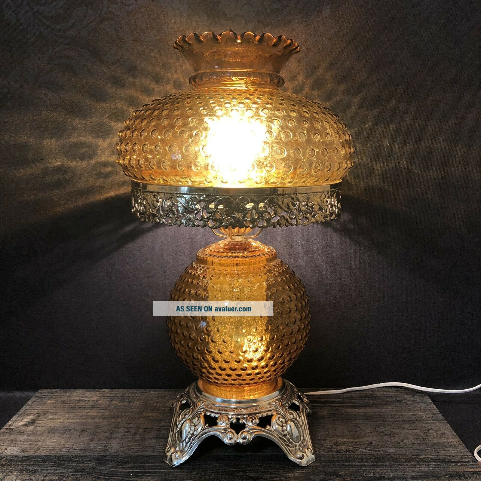 Antique 20” Amber Hobnail Glass Hurricane Table Lamp Vintage Gone With ...