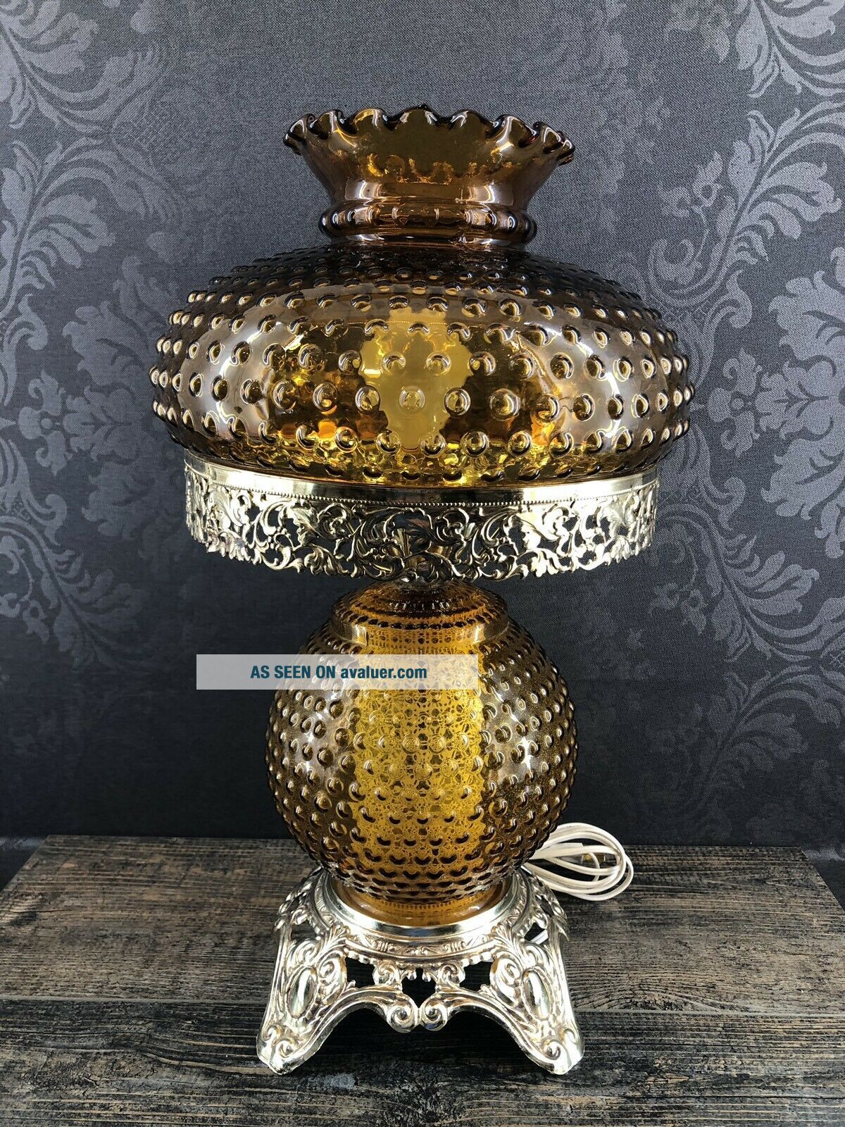 Antique 20” Amber Hobnail Glass Hurricane Table Lamp Vintage Gone With ...
