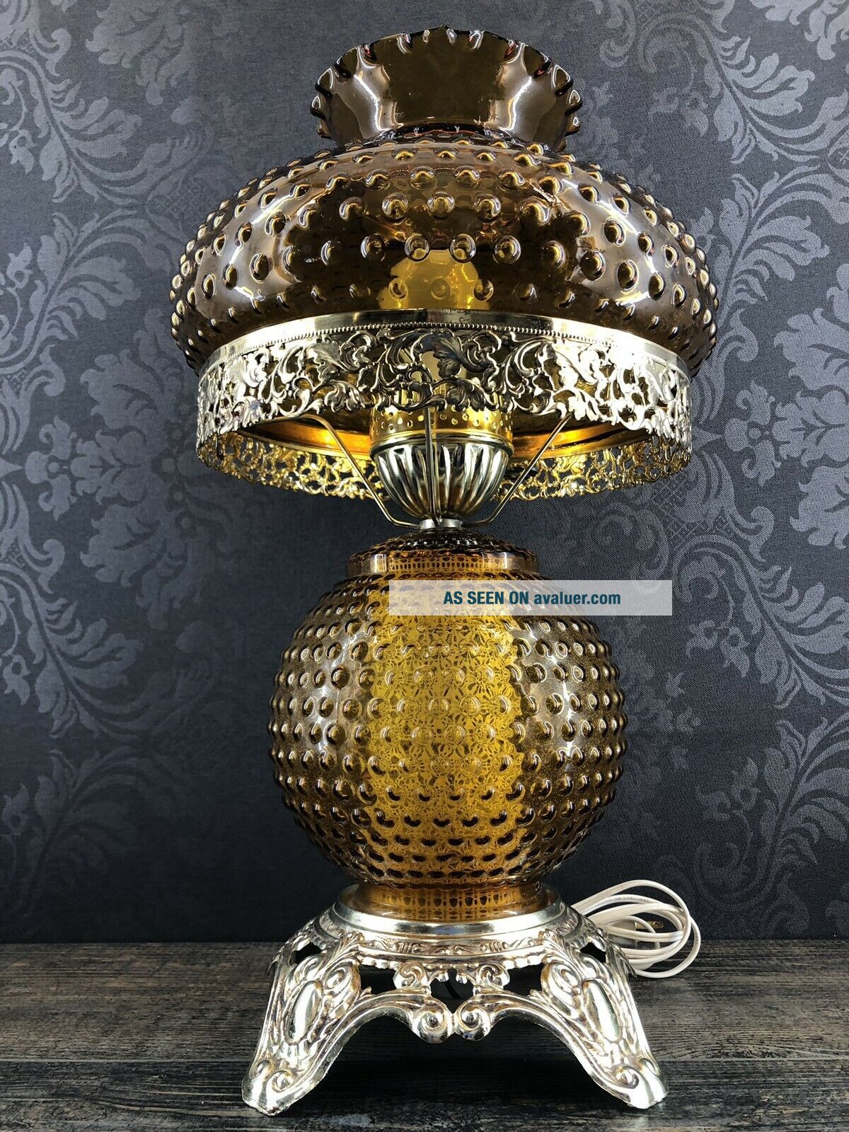 Antique 20” Amber Hobnail Glass Hurricane Table Lamp Vintage Gone With ...