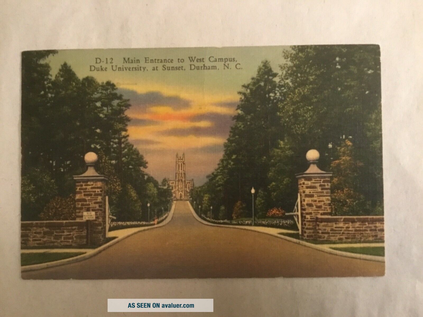 Durham, NC West Campus Main Entrance Duke University Linen Vintage ...