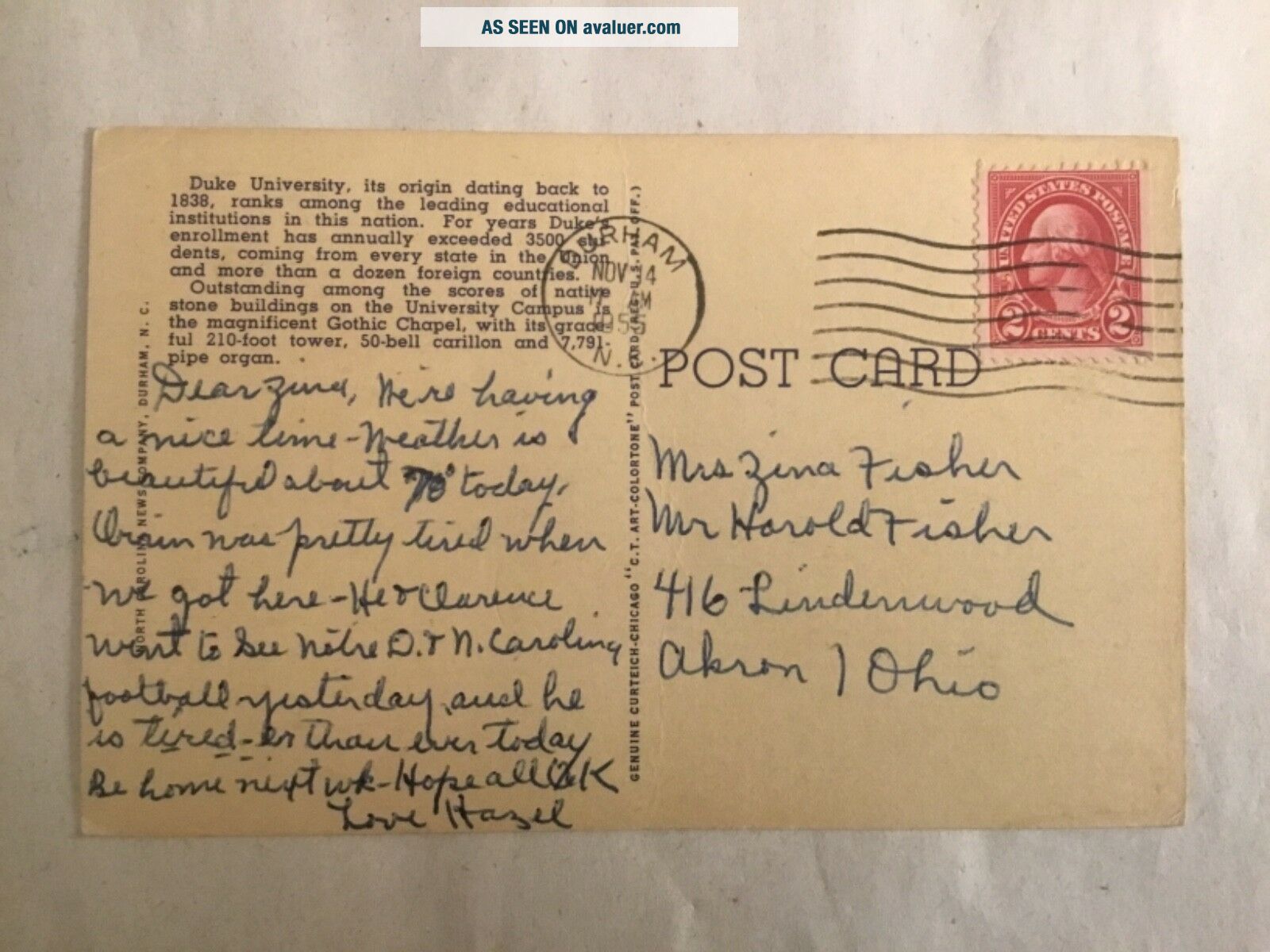 Durham, NC West Campus Main Entrance Duke University Linen Vintage ...