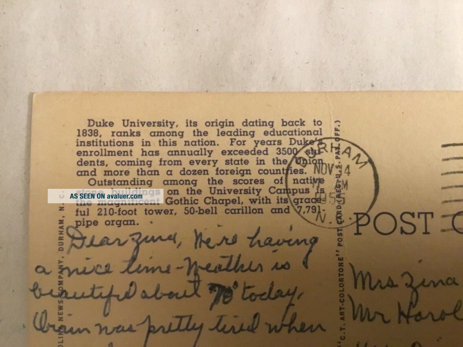 Durham, NC West Campus Main Entrance Duke University Linen Vintage ...