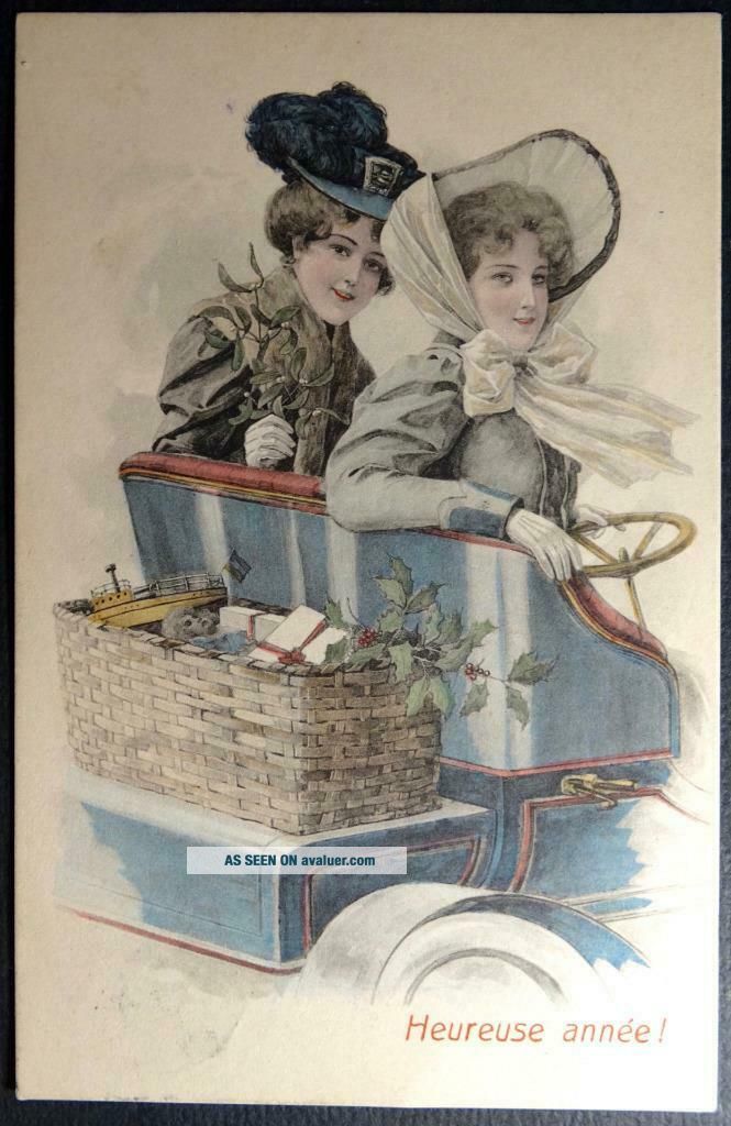 Postcard - French Happy Year Heureuse Année Women In Early Car FM ...