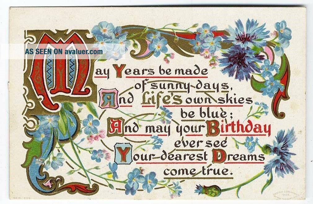 BIRTHDAY Dreams Come True Greeting Postcard 1908 Embossed Blue Flowers ...