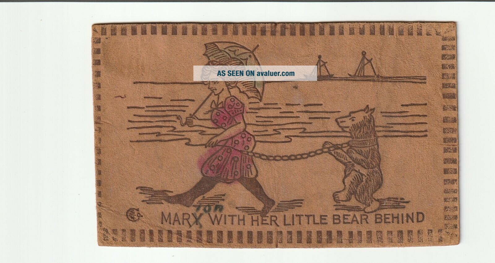 1906 Leather Postcard Mary Bathing Suit On Beach With Little Bear ...