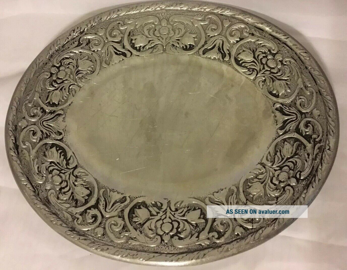 VINTAGE RWP The Wilton Co. METAL SERVING Platter PEWTER SILVER FLORAL ...