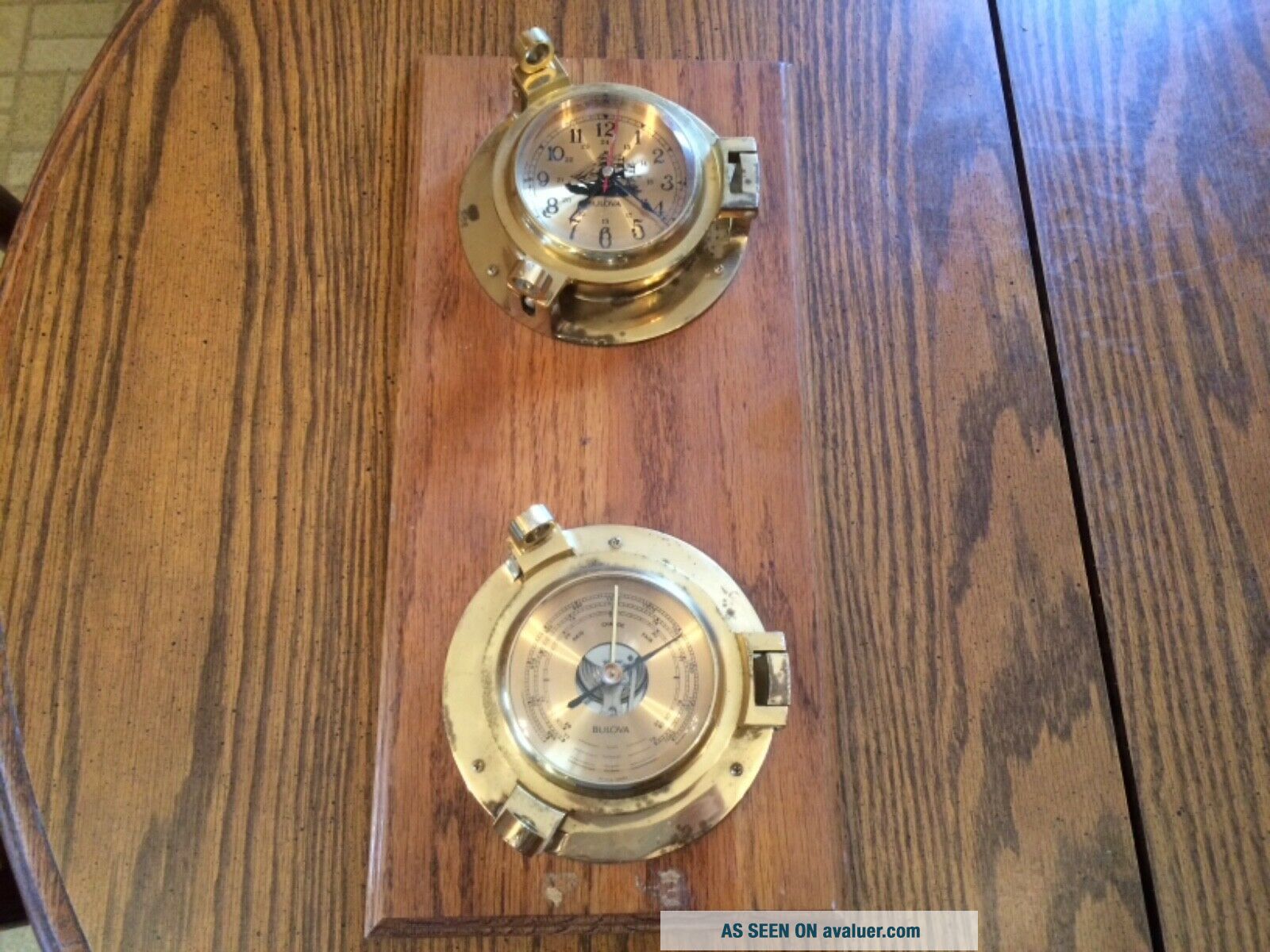 Vintage Bulova Nautical Ship Porthole Clock Barometer Brass And Oak ...