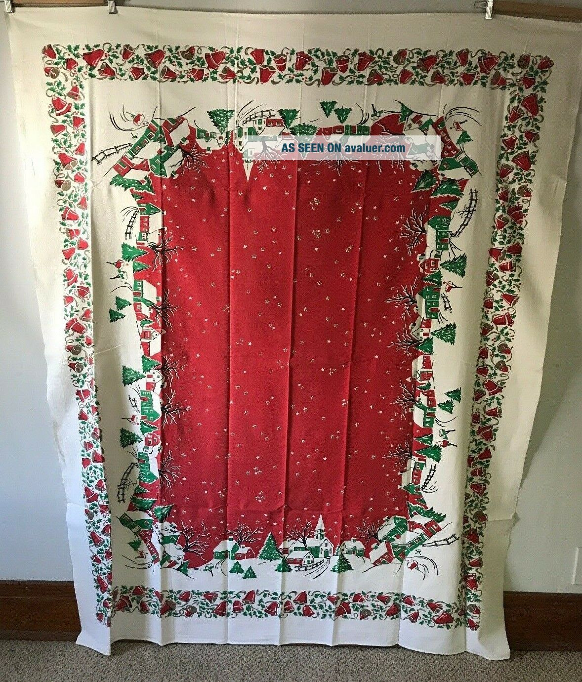 Vintage 1950s Christmas Tablecloth - Houses Bells | #3161904