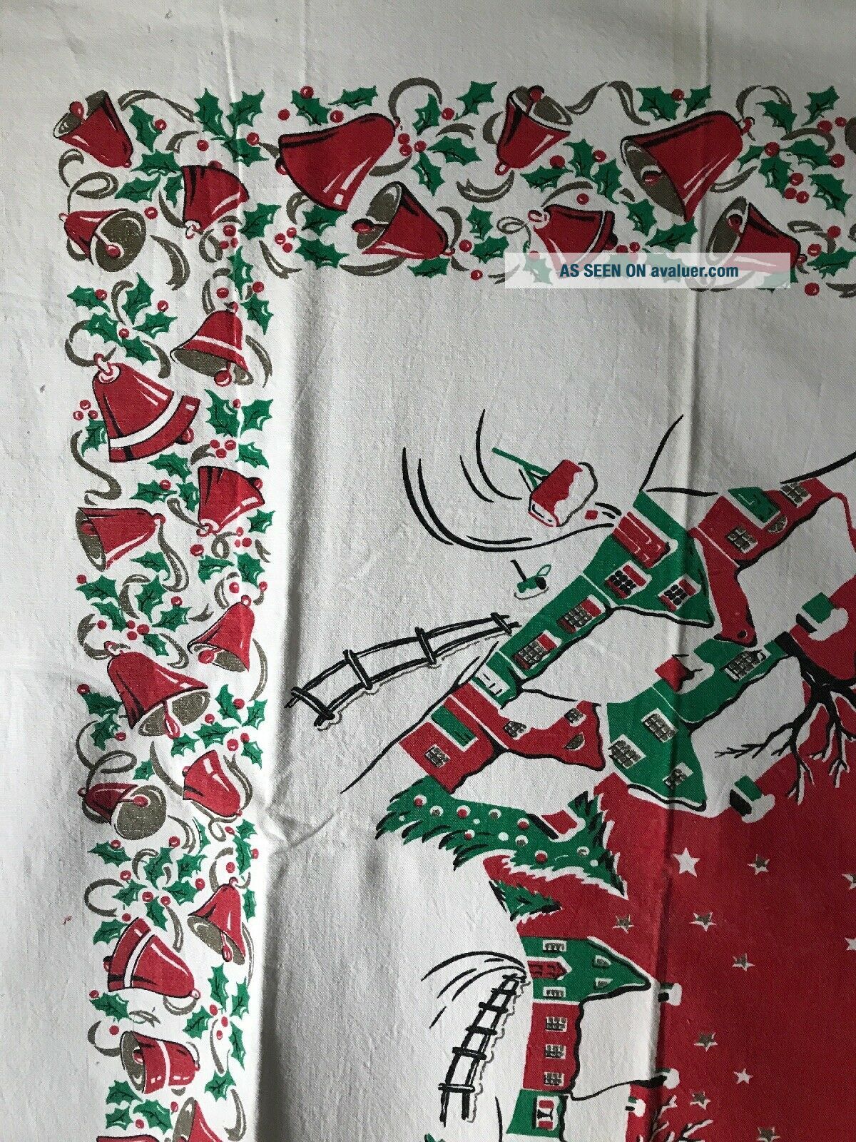 Vintage 1950s Christmas Tablecloth - Houses Bells | #3161904