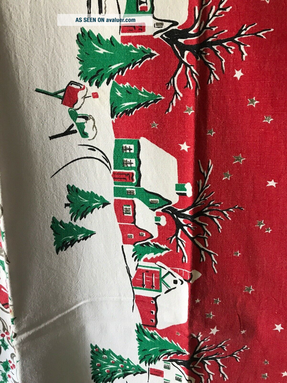 Vintage 1950s Christmas Tablecloth - Houses Bells | #3161904