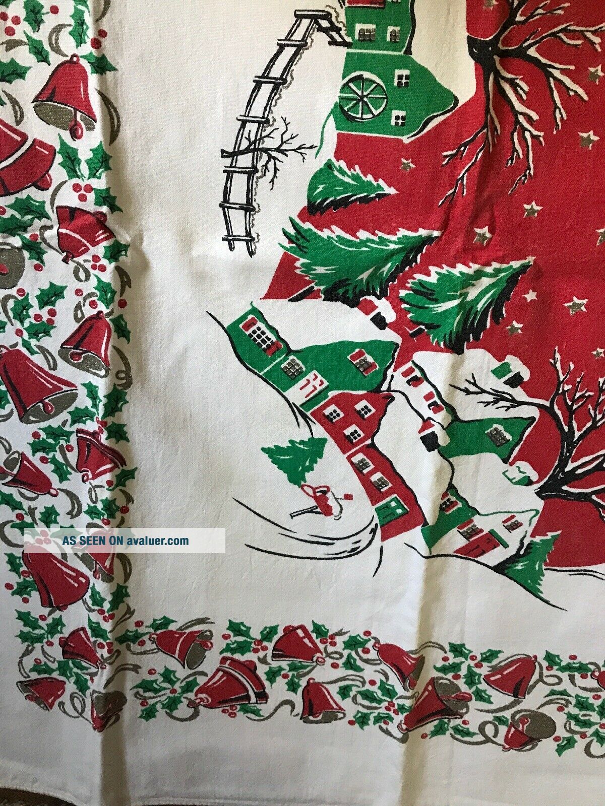 Vintage 1950s Christmas Tablecloth - Houses Bells | #3161904
