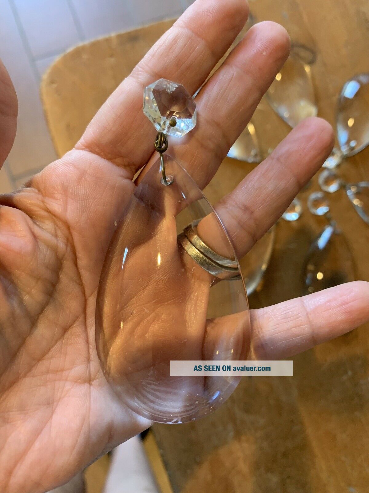 7 LARGE VINTAGE ANTIQUE GLASS FLATBACK TEAR DROP CHANDELIER CRYSTALS ...