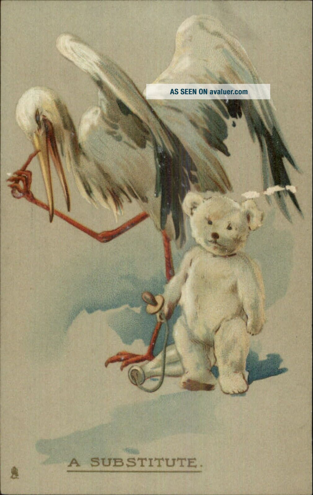 Stork W/ Baby Teddy Bear Pacifier A SUBSTITUTE Tuck 2768 C1910 Postcard ...