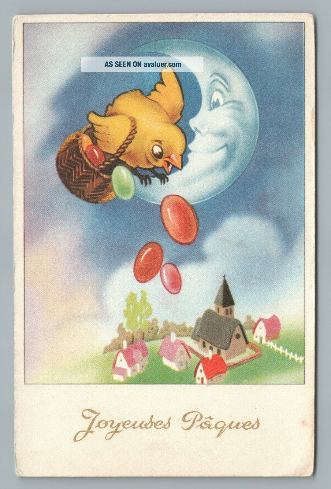 Easter Chick Dropping Eggs From Crescent Moon—Antique Belgian CPA ...