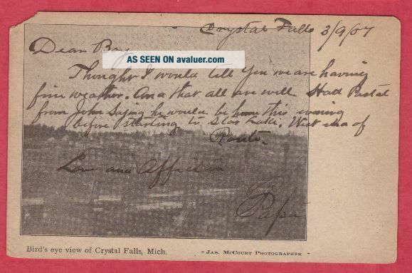 Crystal Falls Michigan UDB Postcard Pm 1907 Iron County Bird ' S Eye ...