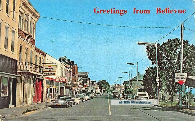 Bellevue IA Pepsi Sign Street View Storefronts Old Cars Postcard | #3265295