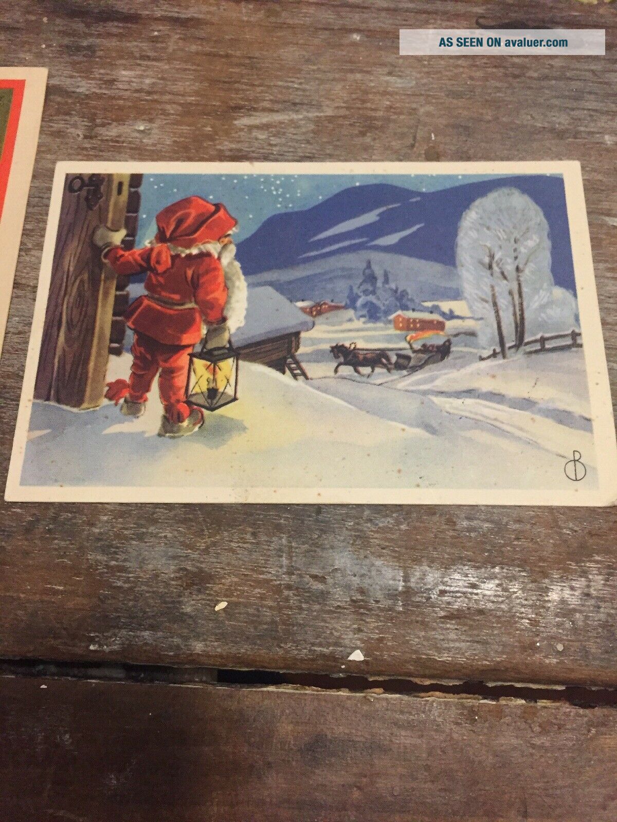 2 Vintage Swedish Christmas Gnome Elf Broom Mini Postcards Sweden God ...