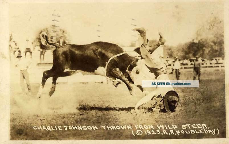 1923 RODEO Charlie Johnson Wild Steer Doubleday RPPC REAL PHOTO ...