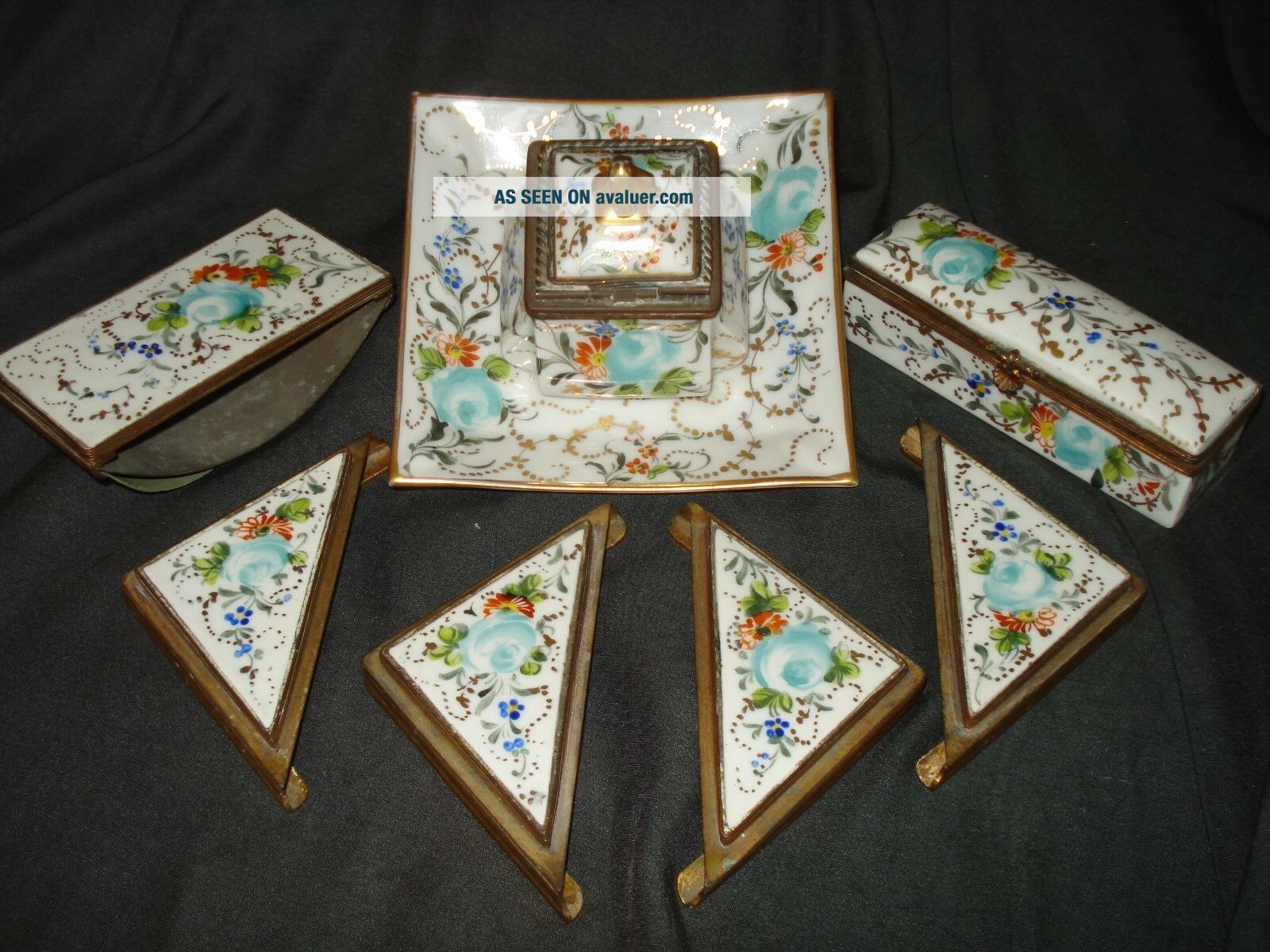 Antique Old Paris Limoges French Porcelain Ink Well Desk Set Dresden ...