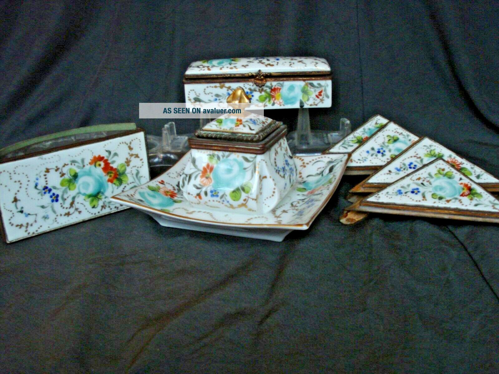 Antique Old Paris Limoges French Porcelain Ink Well Desk Set Dresden ...