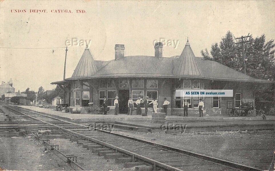 RPPC REAL PHOTO POSTCARD 1909 UNION DEPOT CAYUGA INDIANA TRAIN STATION ...