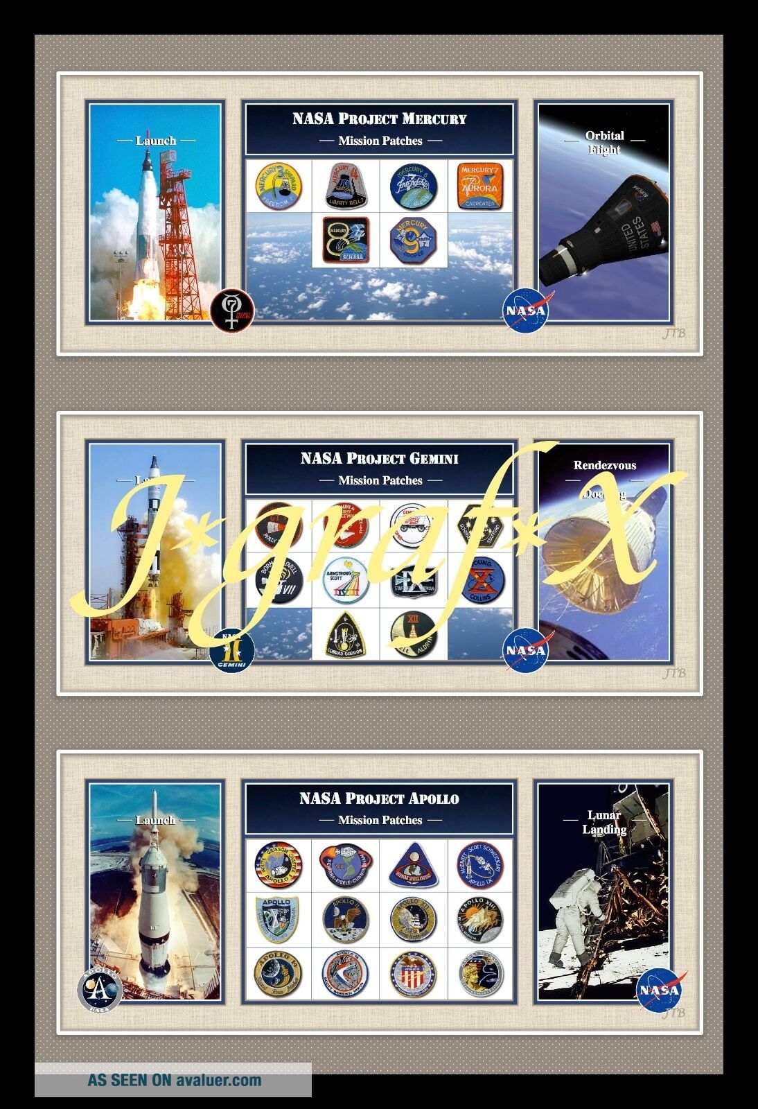 NASA MERCURY GEMINI & APOLLO PATCHES REPRO; MOON - POSTER - VERY COOL ...