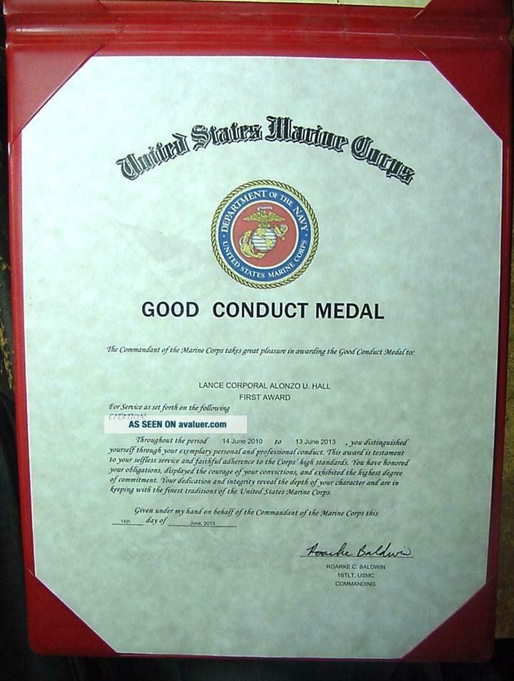 USMC Marine Corps Good Conduct Award Certificate With Folder | #3592477