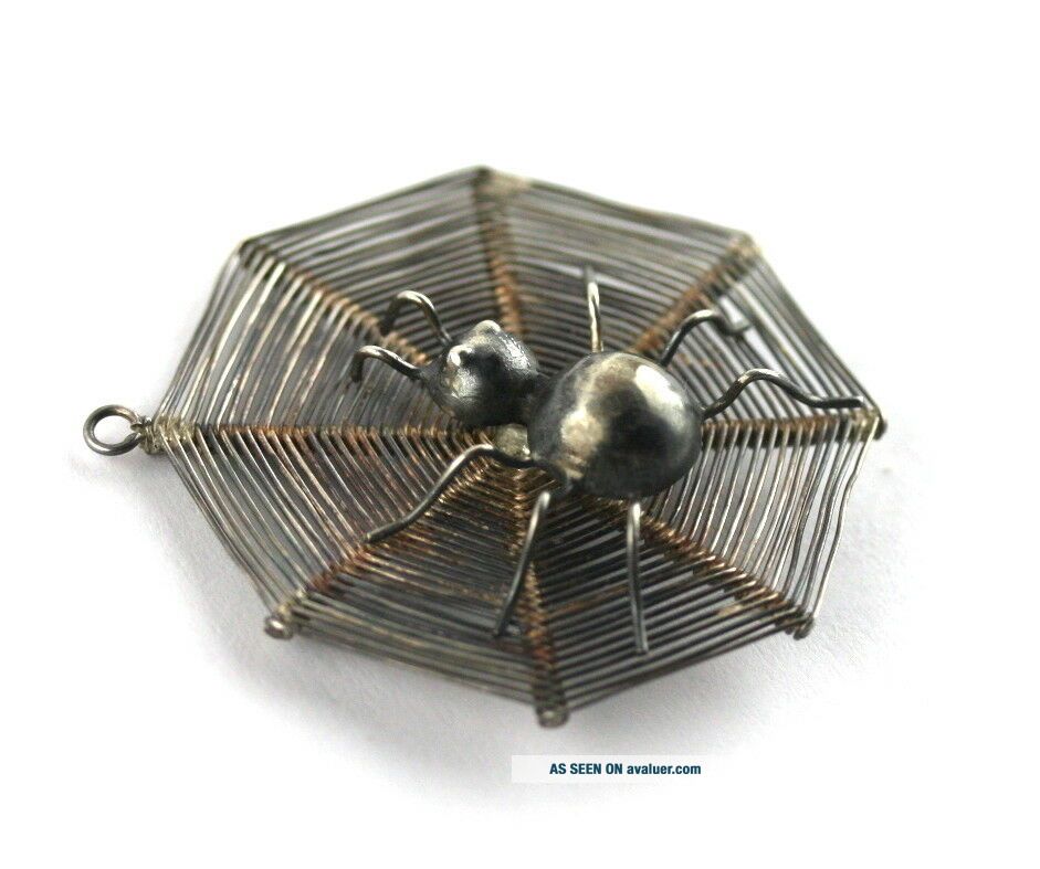 Antique Vintage Sterling Silver Spider Web Pendant | #3671139