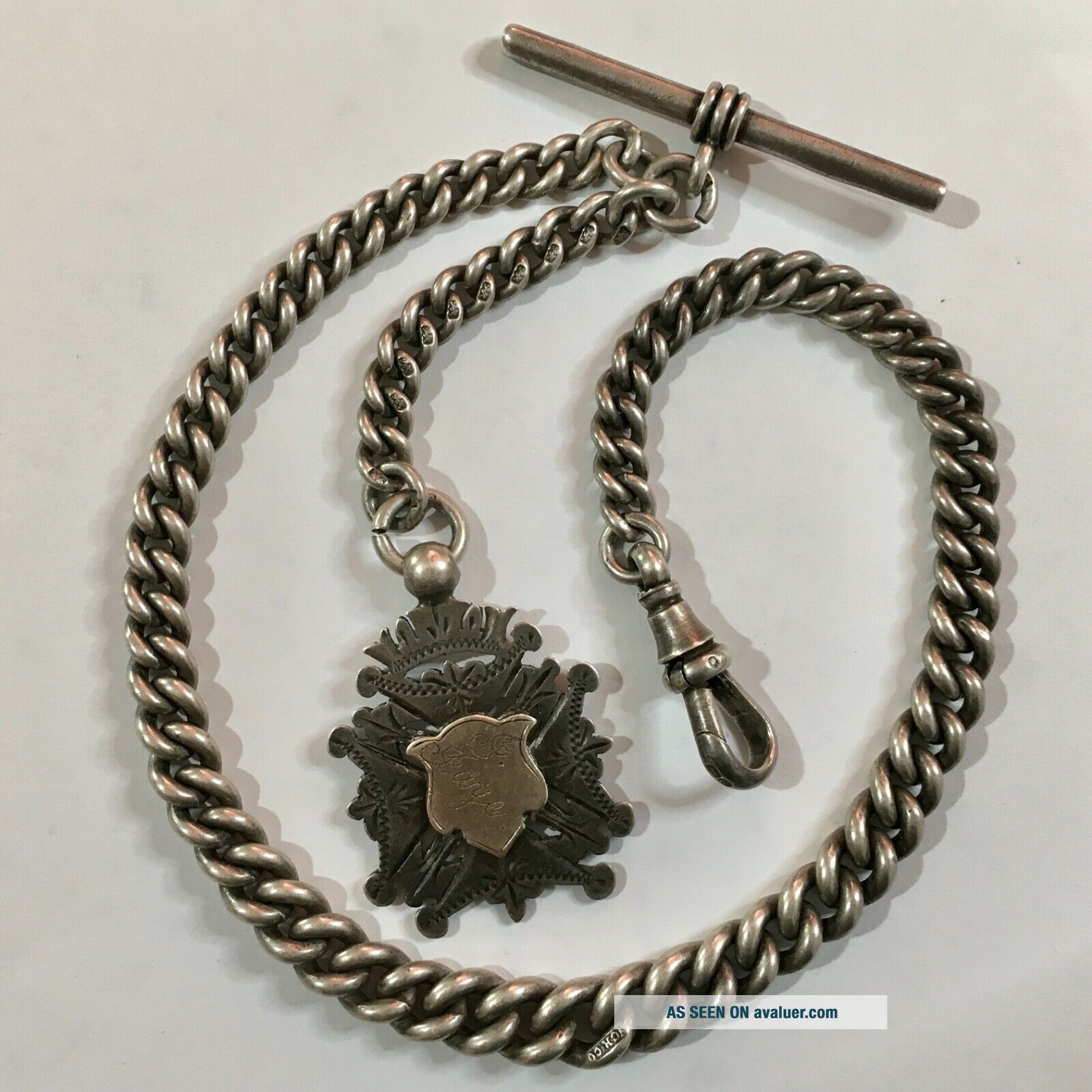 ANTIQUE HALLMARKED 46, 5g SOLID SILVER ALBERT POCKET WATCH CHAIN WITH ...