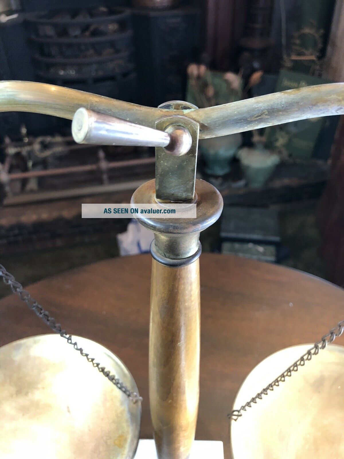 VINTAGE BRASS & WOOD BALANCE SCALE ON MARBLE SQUARE BASE | #3701363