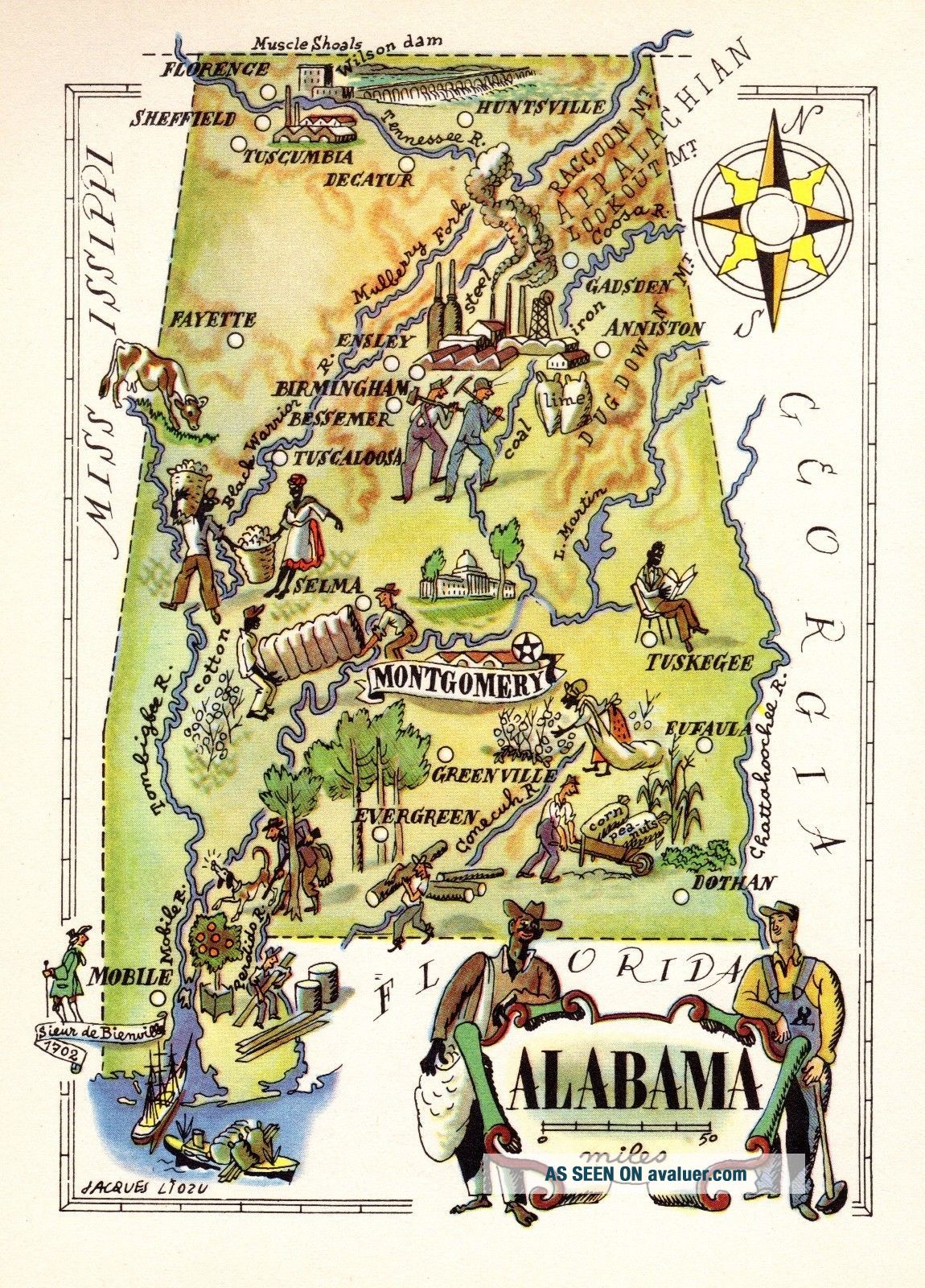 1950s Antique ALABAMA State Map Vintage Map Of Alabama Cartoon Map 4725 ...