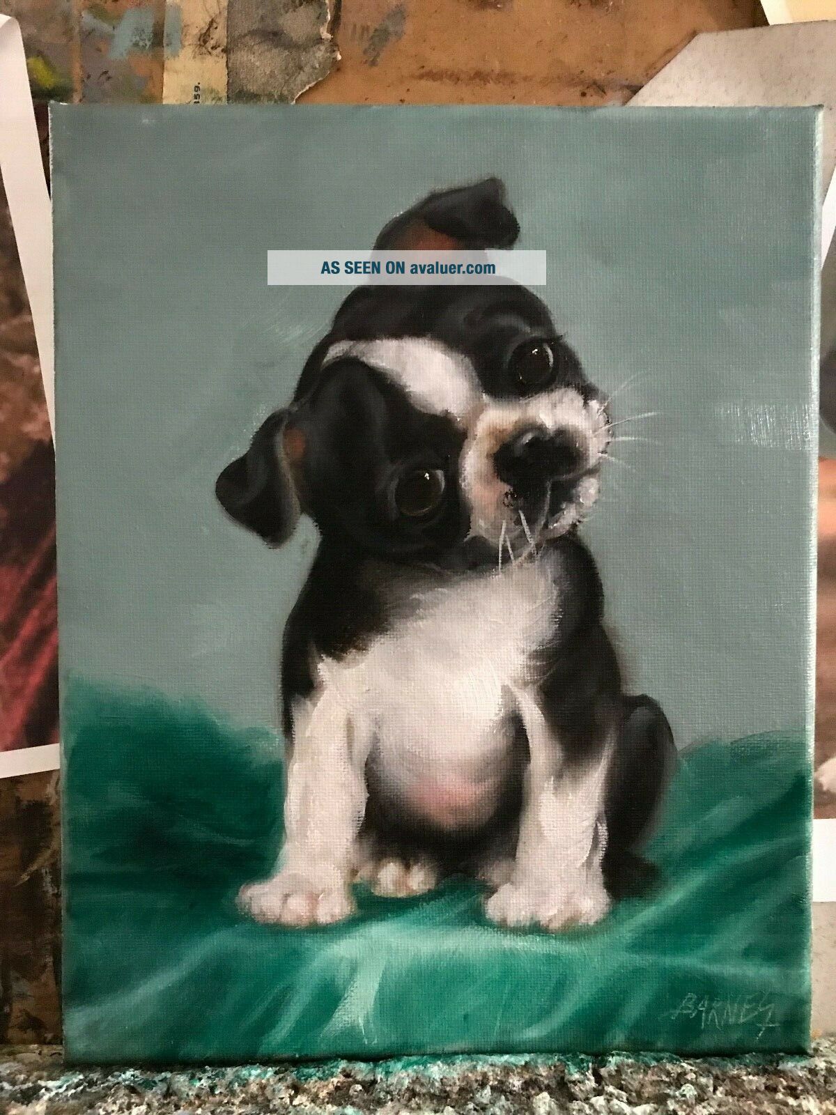 BARNES OIL PAINTING VINTAGE ANTIQUE STYLE PORTRAIT BOSTON TERRIER PUPPY ...