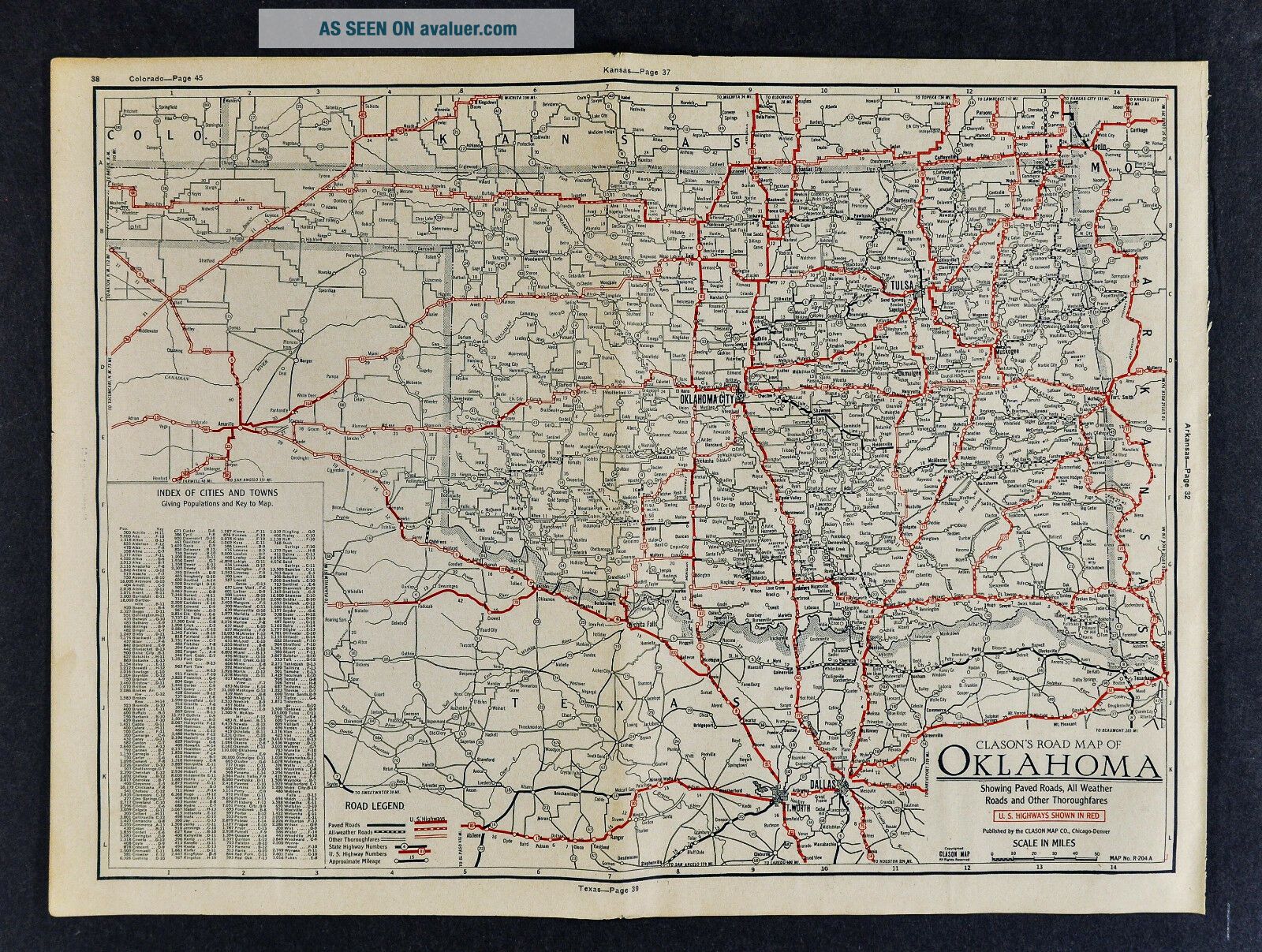1930 Clason Auto Road Tour Map - Oklahoma N. Texas Dallas Tulsa ...