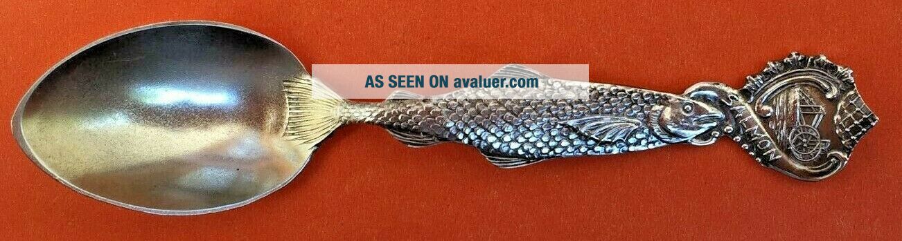 FIGURAL FISH SALMON & GOLD MINING ALASKA STERLING SILVER SOUVENIR SPOON ...