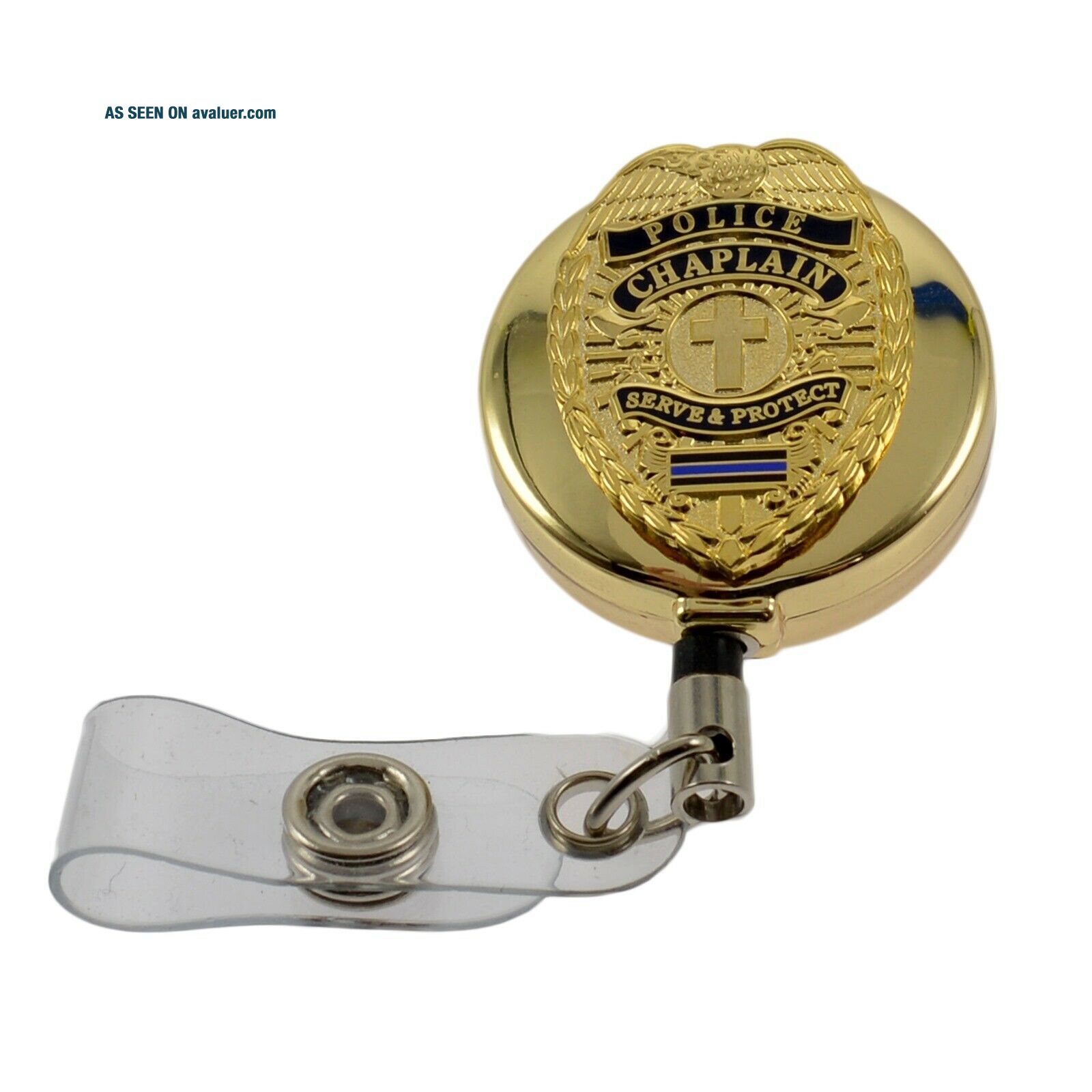 Police Chaplain Blue Line Gold Retractable Badge Reel Security ID Card ...