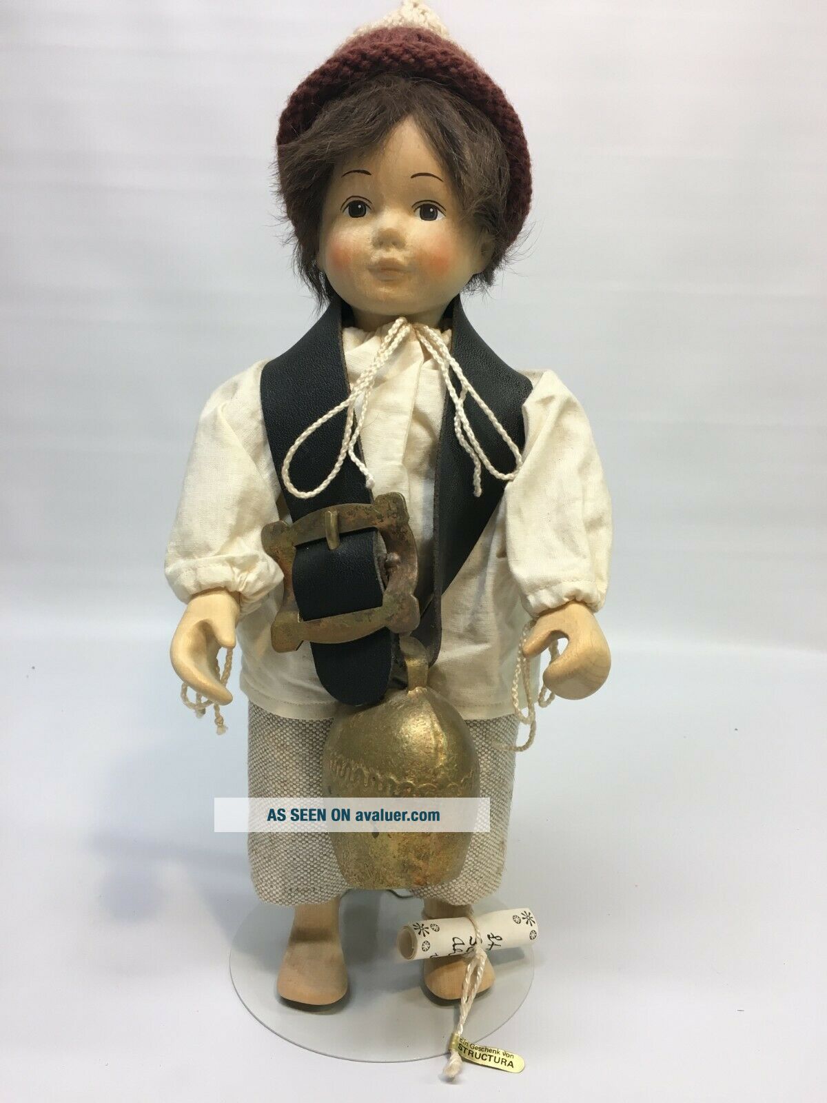 Very Unique Wood Carved Boy Doll With Mohair, And Bell, Made In ...