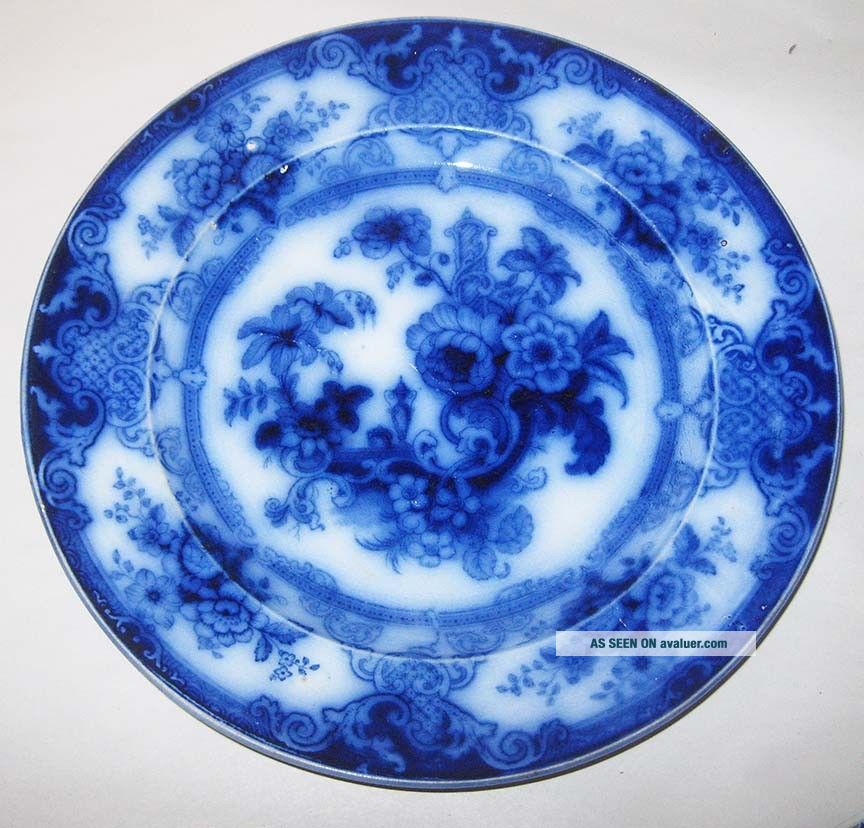 Antique 1850 Flow Blue Plate England Floral Pattern Mark W/ Vases ...