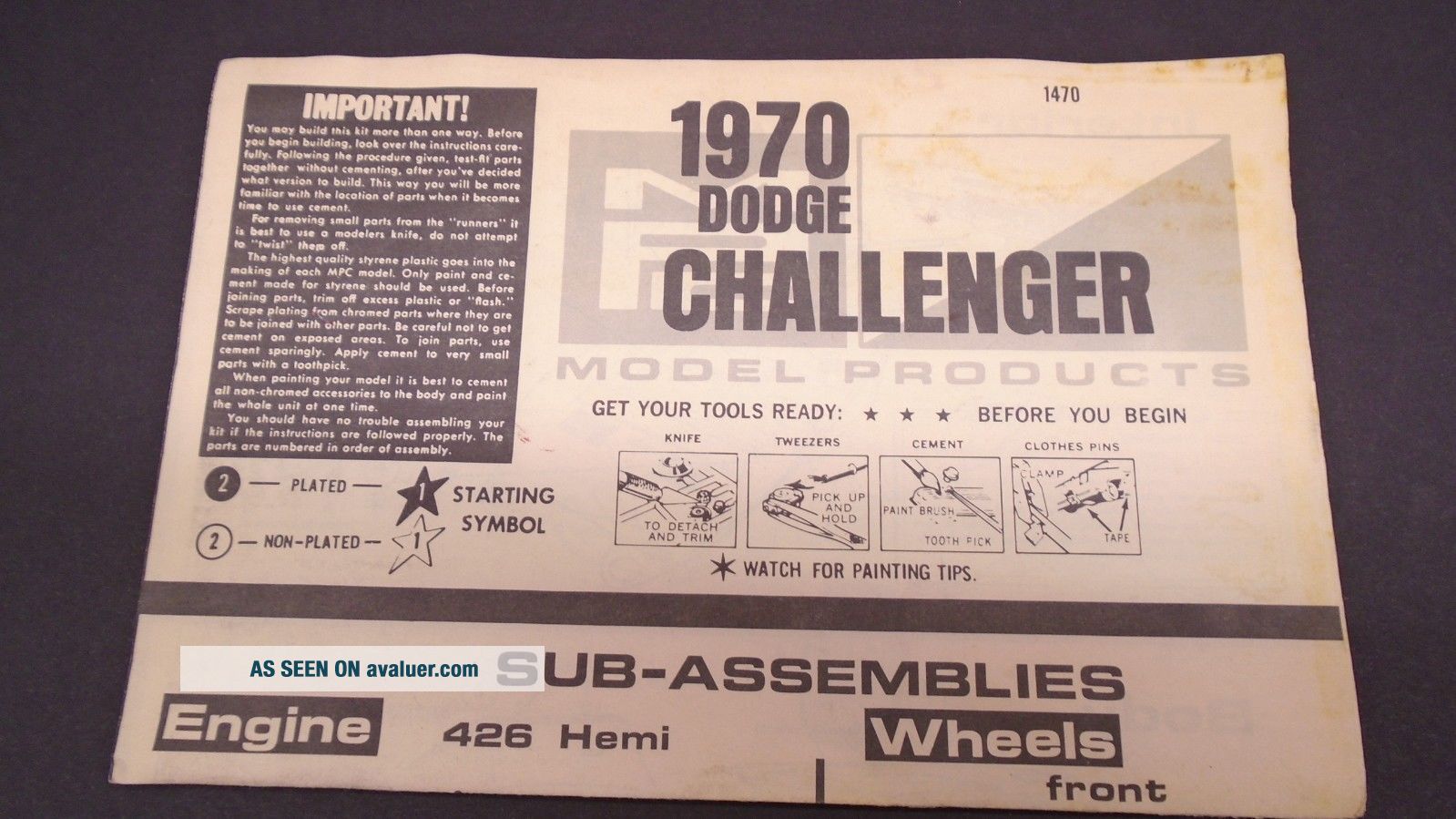MPC 70 DODGE CHALLENGER 426 HEMI PLASTIC MODEL CAR INSTRUCTION SHEET ...