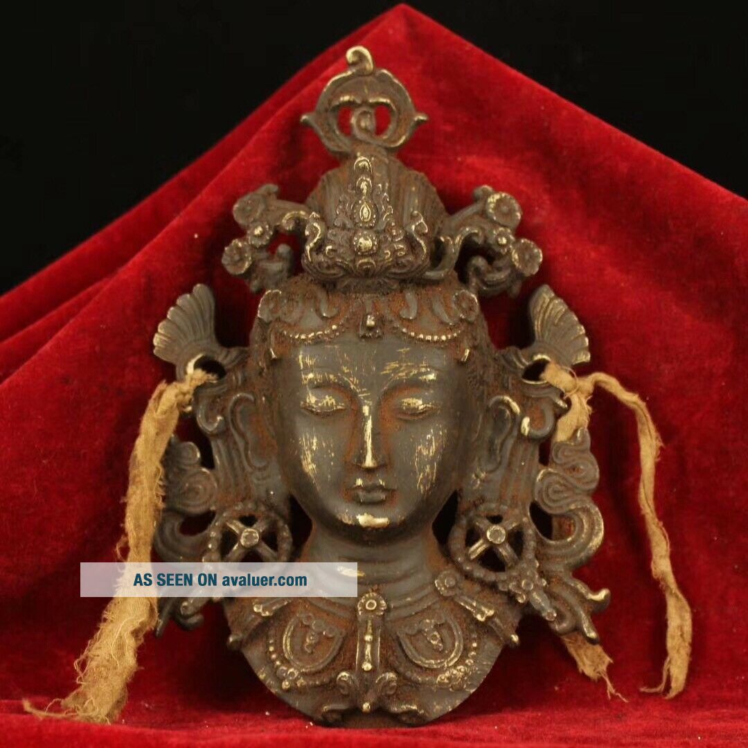 Tibet Collect Buddhism Purple Bronze Green Tara Buddha Head Mask Statue ...