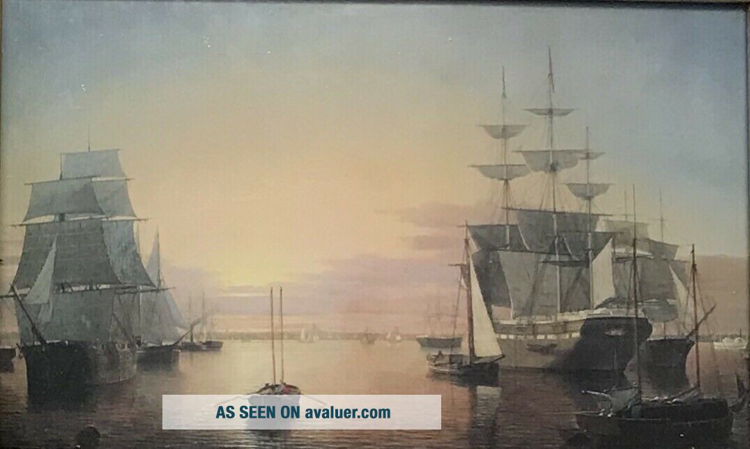 Vintage Small Print Fitz Hugh Lane Boston Harbor Wood Frame Ship ...