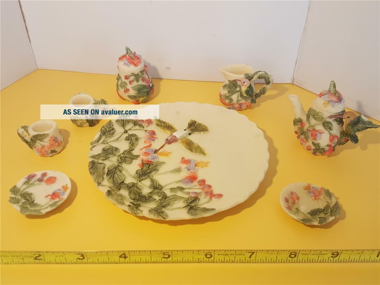 Miniature Hummingbird Tea Set Flowers Cups Saucers TeaPot 10 Pc Popular ...