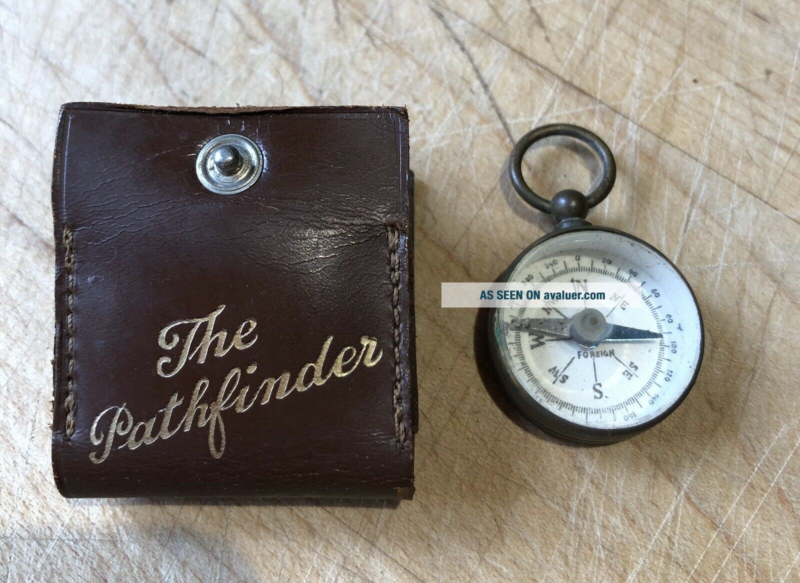Vintage “The Pathfinder” Brass Pocket Compass Miniature In Leather Case ...