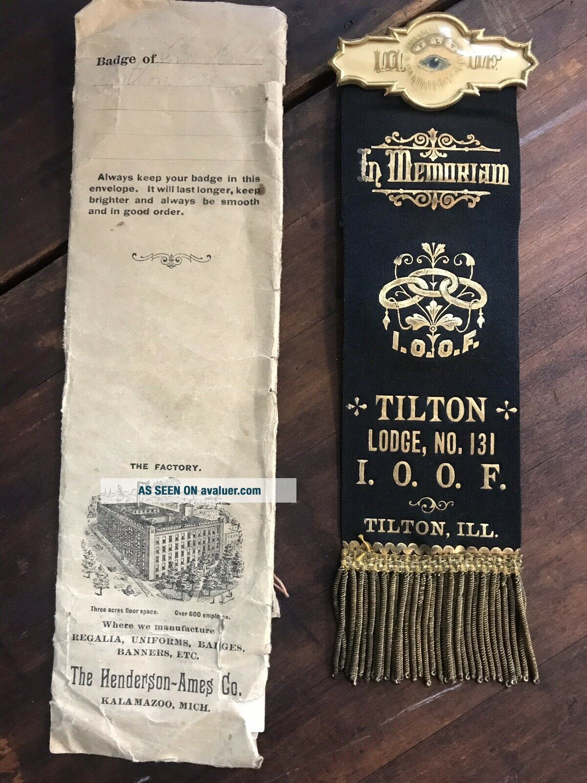 Antique Odd Fellows IOOF Medal Ribbon Badge In Memoriam Tilton Illinois ...