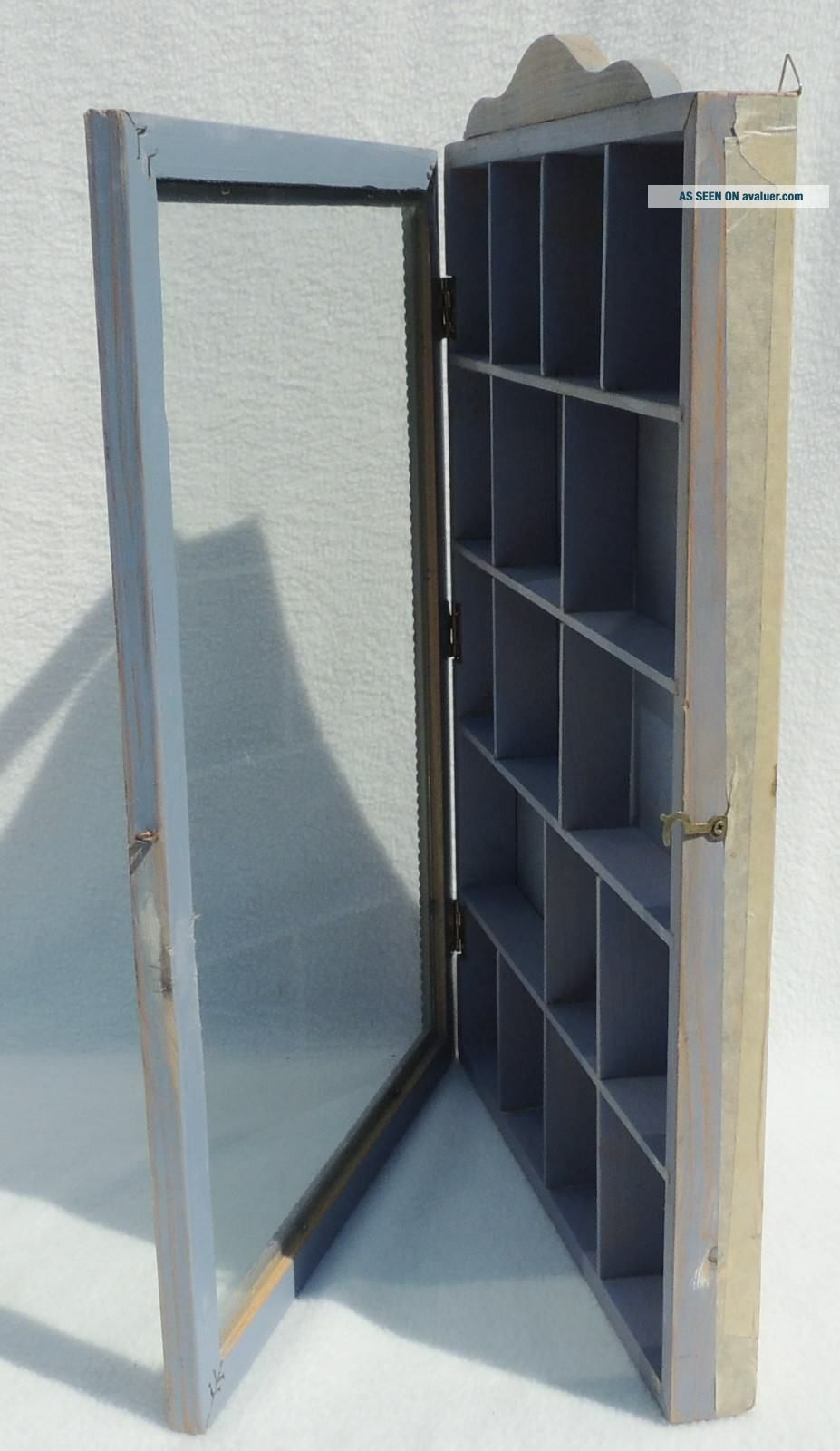 Distressed Blue Wood Hanging Wall Shadow Box Miniature Curio Cabinet ...