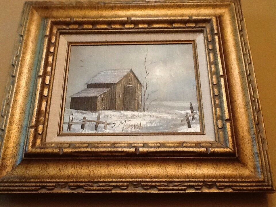 Vintage Signed J Medina Oil Painting On Canvas Barn In Winter. | #19176651