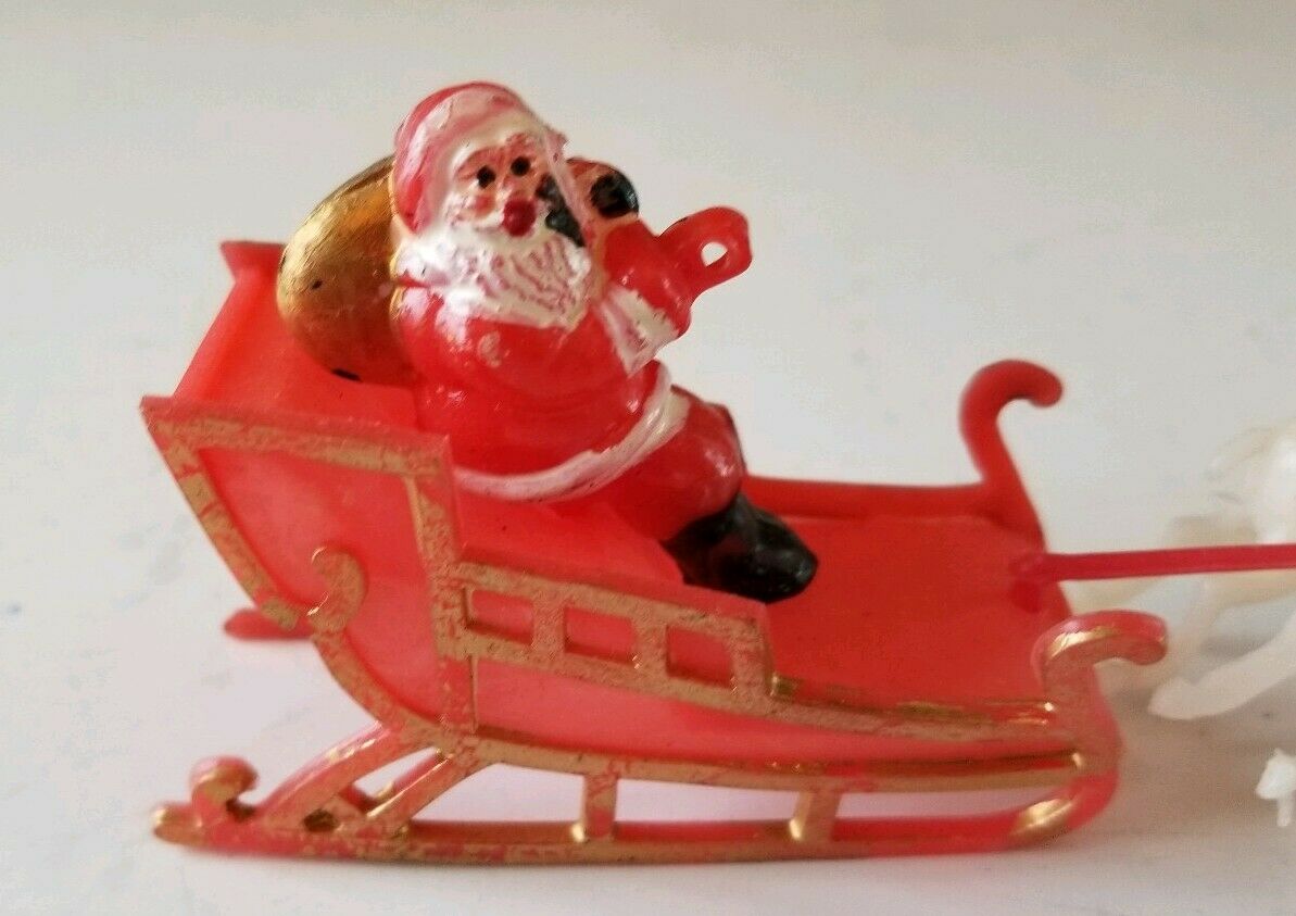 Vintage Plastic Christmas Decoration Tiny Santa W Sleigh And 6 Tiny ...