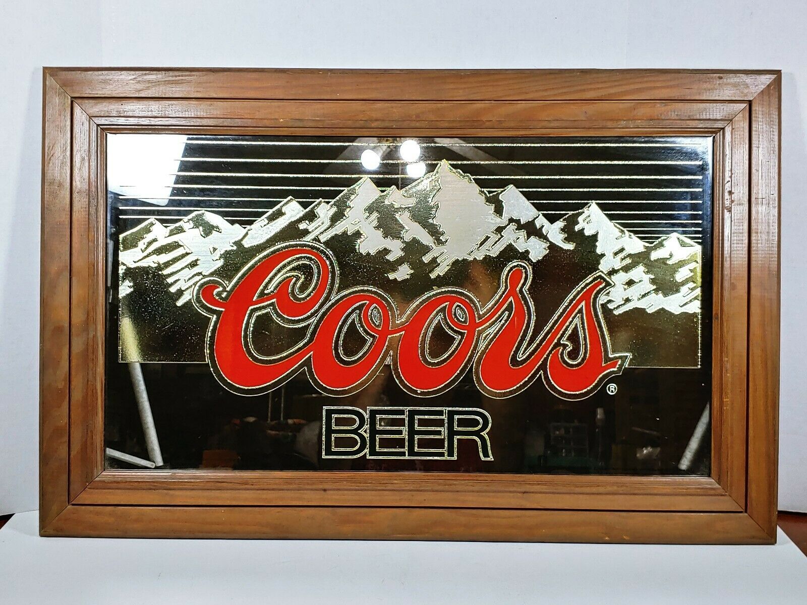 Vintage 1986 Coors Beer Mirror Sign Wood Framed 27 1/2 